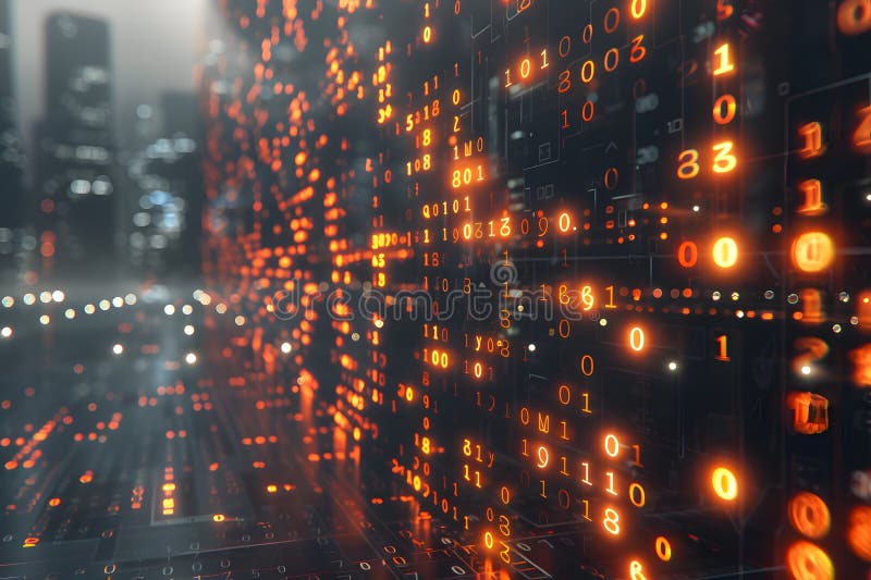 Digital Data Matrix with Glowing Numbers and Binary Code Background for Technology and ...