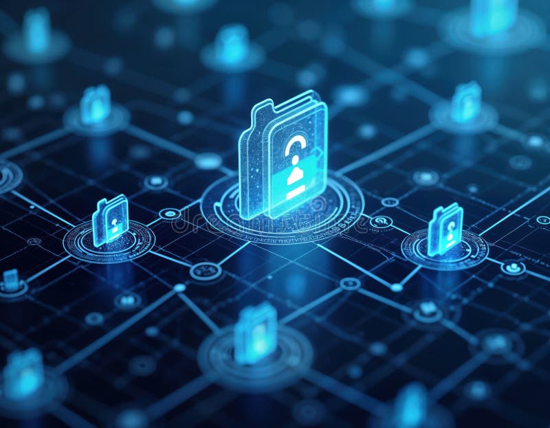 Digital Data Network Design Tech Illustration Shows Interconnected Data Folders Representing ...