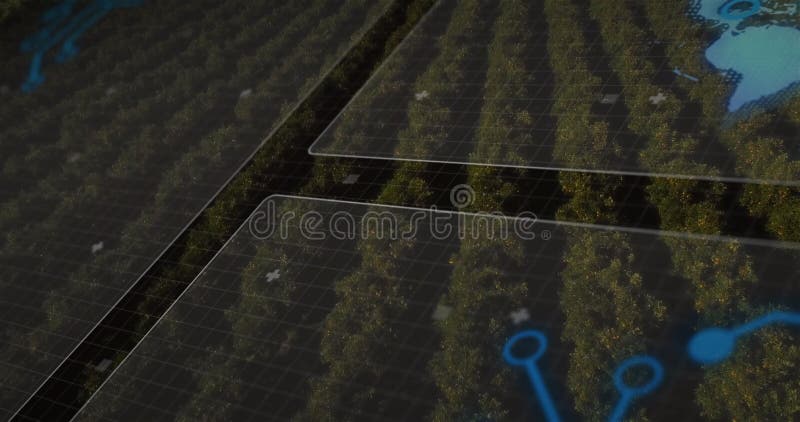 Digital Data Overlay with Blue Marker on Aerial View of Agricultural ...