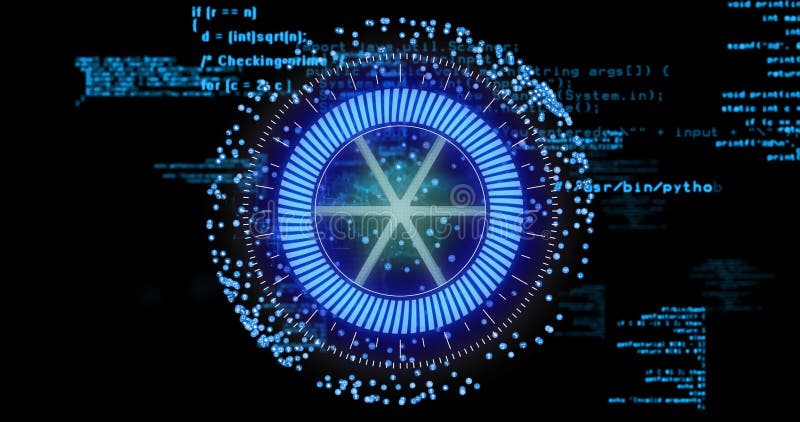 Digital Data Processing Animation Over Blue Circular Interface with Coding Background Stock ...