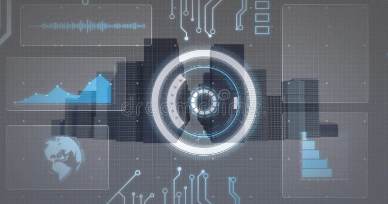 Digital Data Processing Animation Over Cityscape with Graphs and Circuit Patterns Stock Video ...