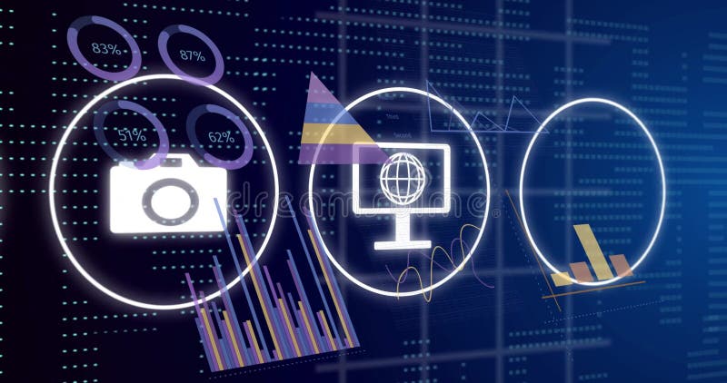 Digital Data Processing Animation Over Icons of Camera, Computer, and ...