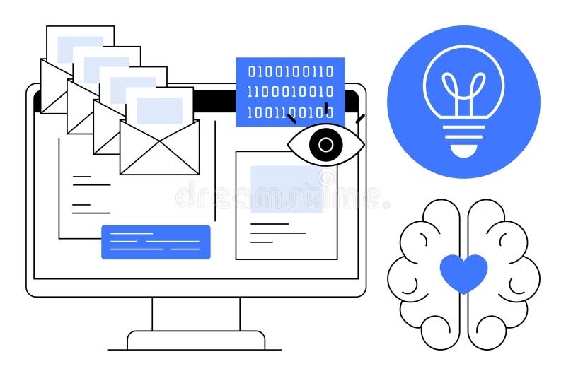 Digital Data Processing with Emails, Idea Generation, and Artificial Intelligence Concepts Stock ...