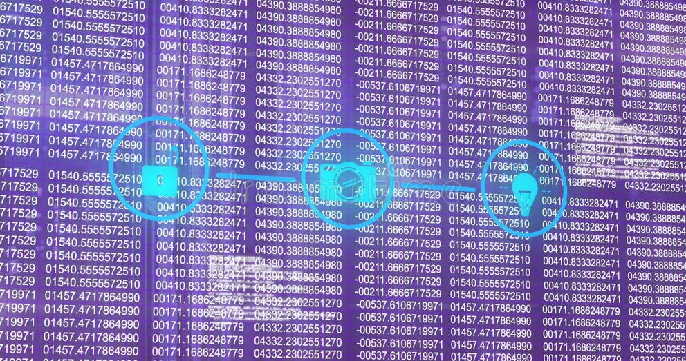 Digital Data Processing Image Over Binary Code and Blue Icons on Purple ...