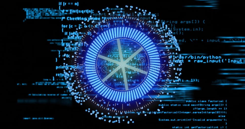 Digital Data Processing Image Over Blue Circular Interface with Coding Background Stock ...