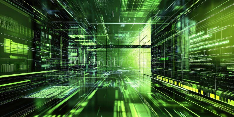 Digital Data Room: Abstract Interior with Glowing Green Data Panels and ...