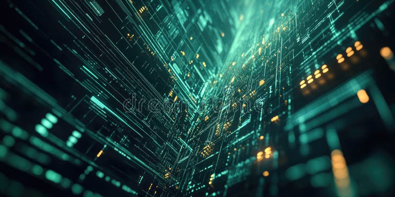 Digital Data Room: Abstract Interior with Glowing Green Data Panels and ...