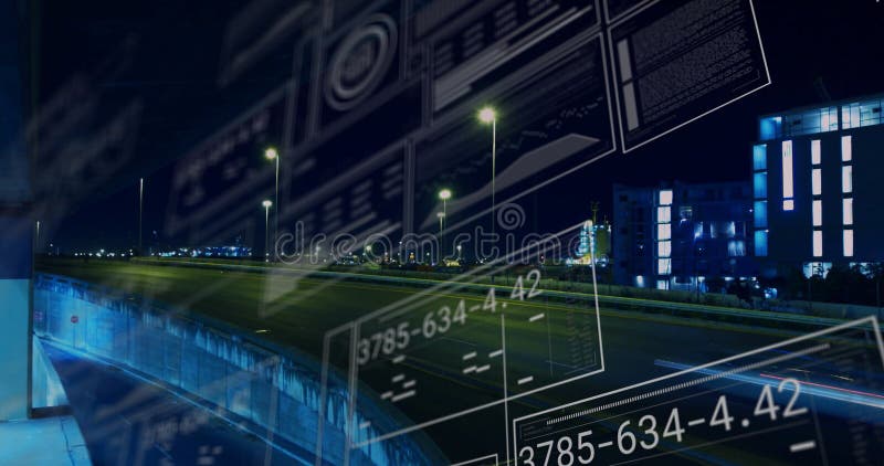 Digital Data and Schematics Image Over Night Cityscape with Light ...
