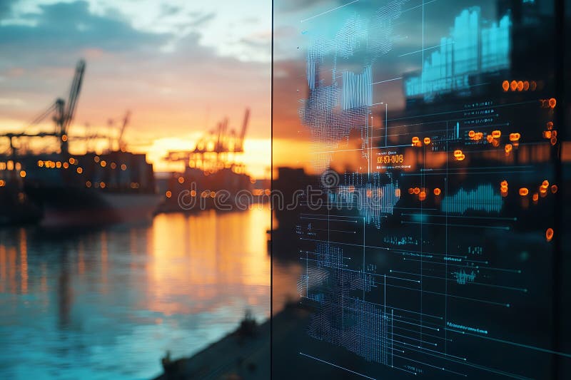 Digital Data on a Screen with a Blurry Harbor Background Stock ...