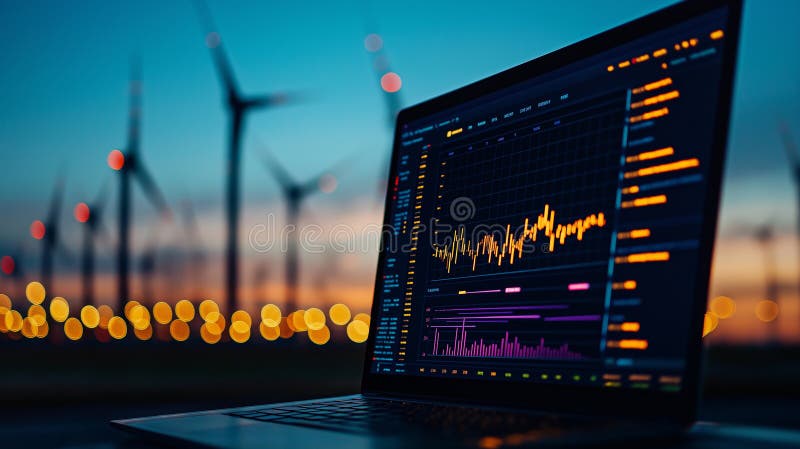 Digital Data Screen Displaying Energy Graphics and Charts with Wind ...