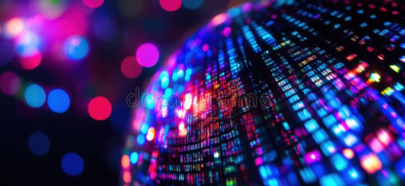 Digital Data Sphere With Colorful Binary Code And Bokeh Lights Representing Technology And