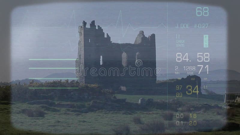 Digital Data and Statistics Animation Over Ancient Castle Ruins in ...