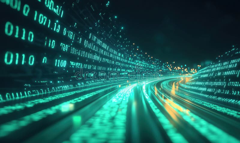 Digital Data Stream with Binary Code Flowing through Futuristic Landscape Stock Image - Image of ...