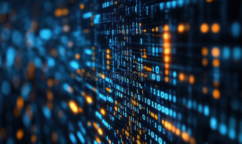 Digital Data Stream with Binary Code and Glowing Elements in Blue and Orange Hues Stock Image ...