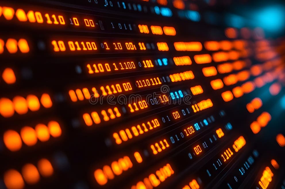 Digital Data Stream with Binary Code Representation in Orange and Blue Glow Generative AI Stock ...