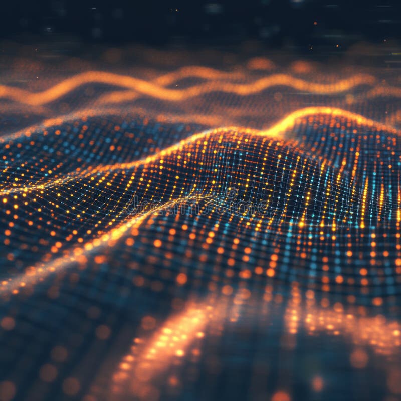 Digital Data Stream Flowing through 3D Grid, Showcasing Vibrant Orange ...