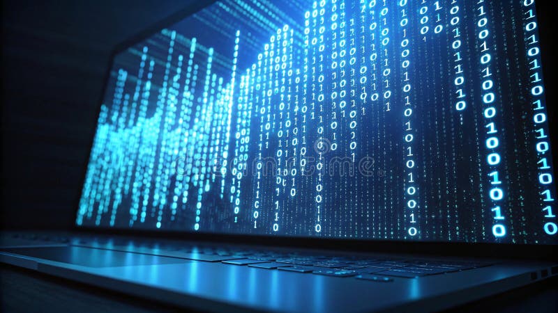 Digital Data Stream Flowing on Laptop Screen Binary Code Technology ...
