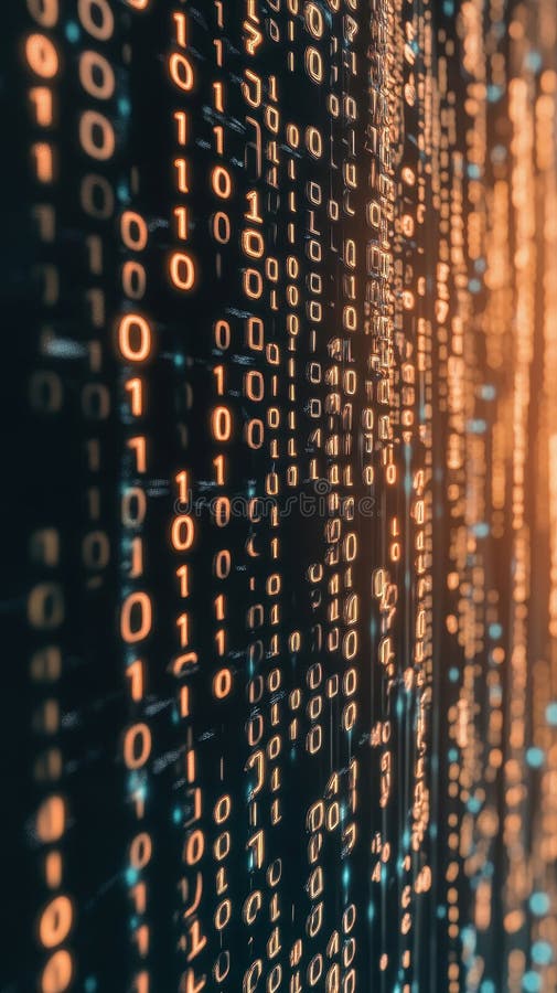 Digital Data Stream with Glowing Orange Binary Code Flowing Creating a Sense of Fintech ...