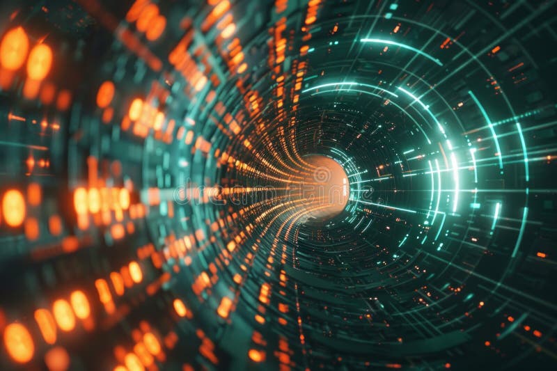 Digital Data Stream of Numbers and Letters in the Dark Tunnel with Glow ...