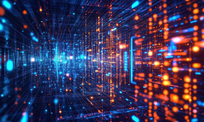 Digital Data Stream, Vibrant Blue and Orange Lights, Abstract ...