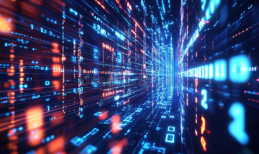 Digital Data Stream Visualizing Cyber Space With Glowing Binary Code