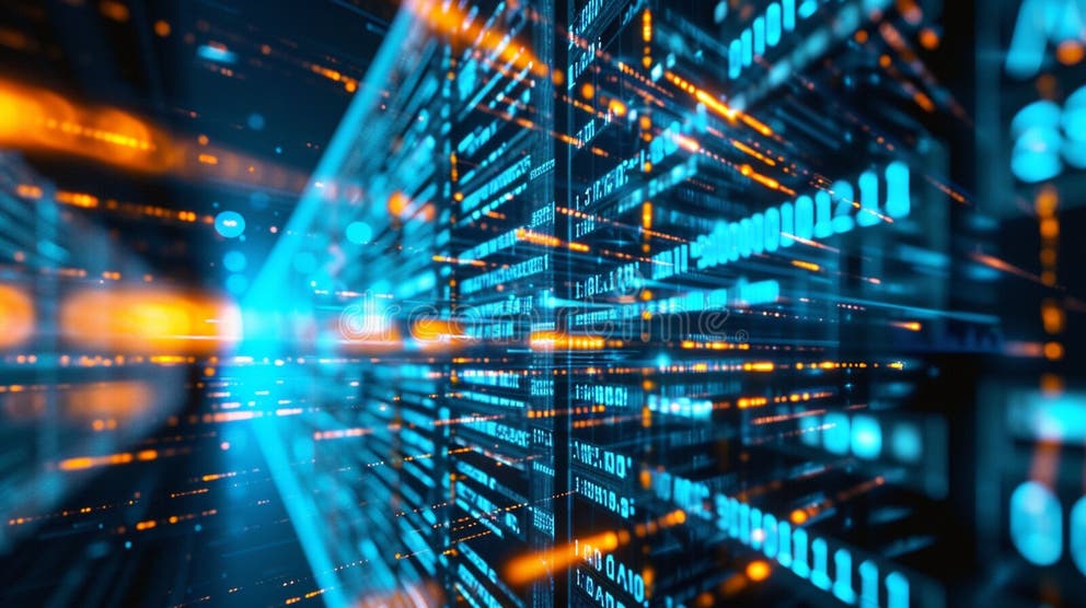 Digital Data Streams Flow in a Vibrant Blue and Orange Abstract Design ...