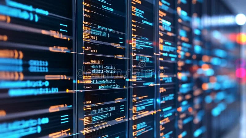 Digital Data Streams: a Look into Server Racks Processing Code and Complex Calculations Stock ...