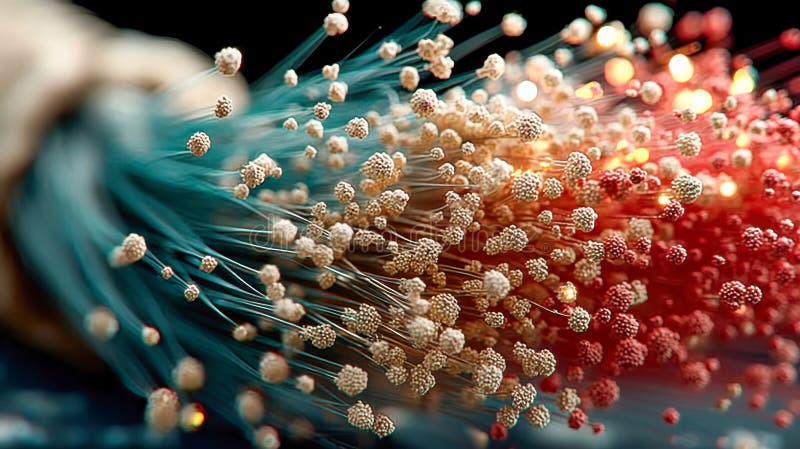 Digital Data Transfer in Fiber Optics with Red and Blue Glowing Lines ...