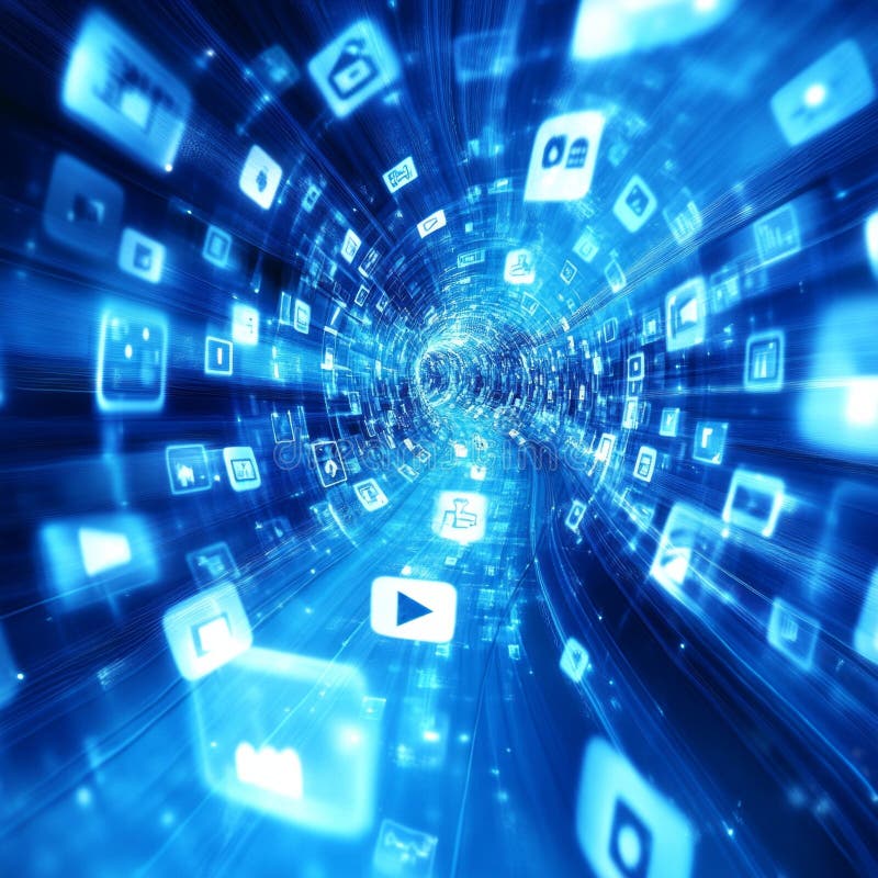Digital Data Tunnel with Streaming Icons and Technology Elements Stock ...