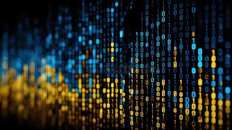 Digital Data Visualization with Blue and Yellow Binary Code Flowing ...