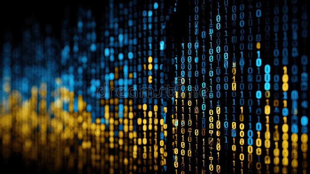 Digital Data Visualization with Blue and Yellow Binary Code Flowing through a Dark Background ...