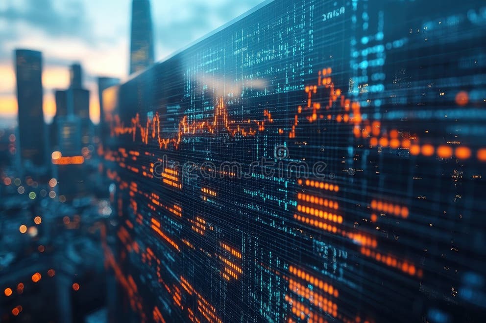 Digital Data Visualization Displays Trends Above a City Skyline during Twilight Hours Stock ...