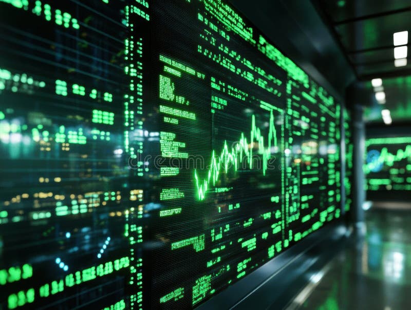 Digital Data Visualization, Green Line Chart on Wall of Screens Stock ...