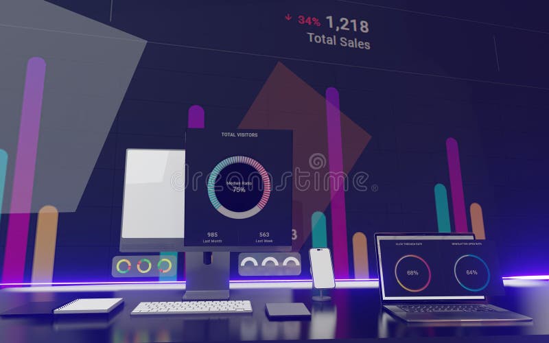 Digital Data Visualization: Illustration of Laptops, Mobile Phones, and ...