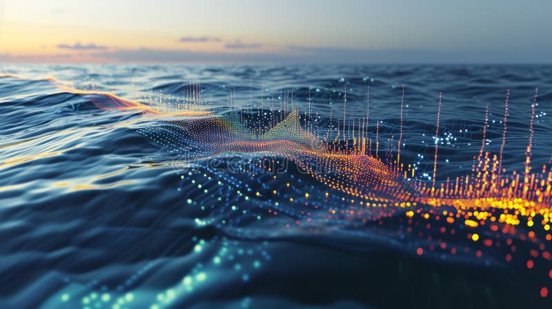 Digital Data Visualization Over Ocean Waves during Sunset Stock Photo ...