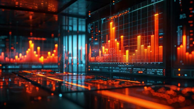 A Close-up of a Digital Data Visualization with 3D Bars in Orange and ...