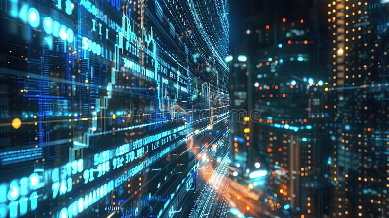 Digital Data Visualization with Urban Skyline and Neon Lights Stock ...