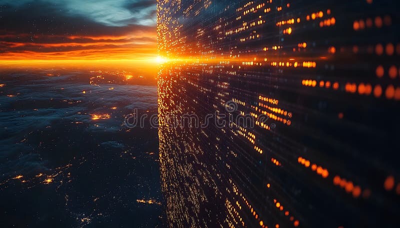 Digital Data Wall Sunset Perspective Stock Illustration - Illustration ...