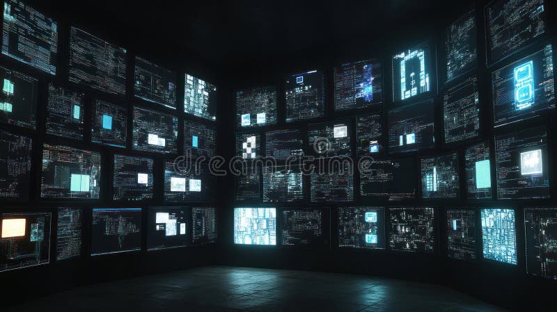 Code Matrix Room with Glowing Screens Stock Illustration - Illustration ...