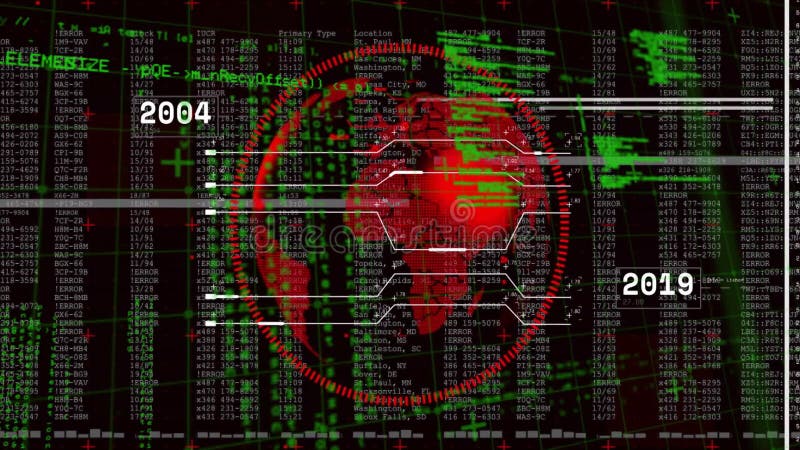 Digital Data and World Map Animation with Years 2004 and 2019 Over Binary Code Stock Footage ...