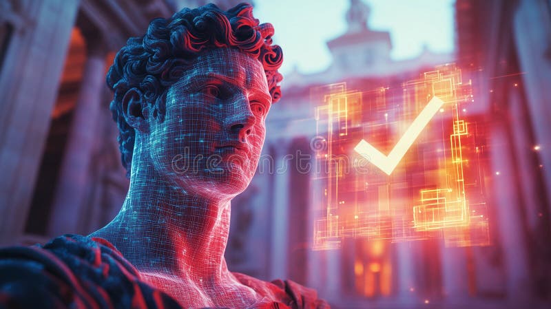 Digital David Statue with Glowing Check Mark in a Building Background ...