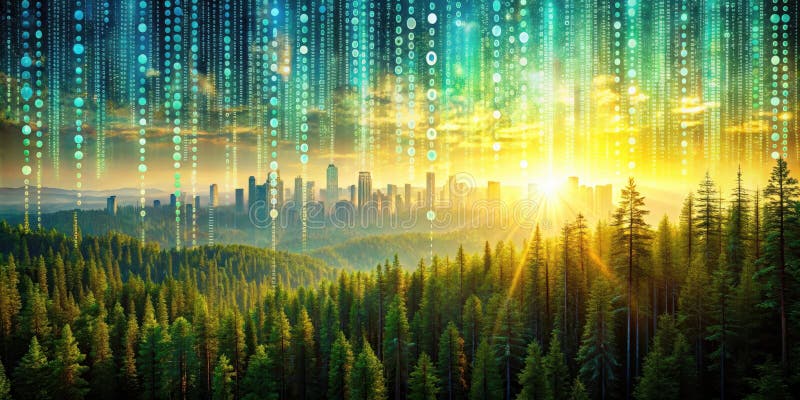 Digital Dawn a City Skyline Emerging from a Verdant Forest at Sunrise ...