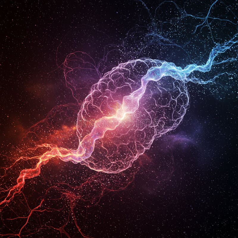 A Digital Depiction of a Brain-shaped Form in Space, Intersected by Dynamic Red and Stock ...