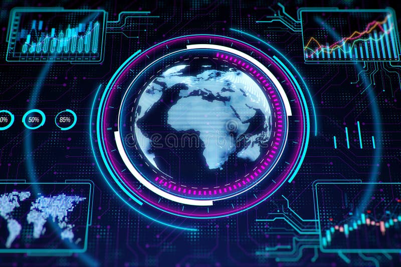 Digital Depiction of Earth with Data Analytics Graphics on a Dark ...