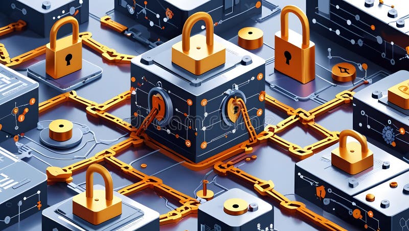 Illustration of Cybersecurity Network with Locks and Chains Stock Illustration - Illustration of ...