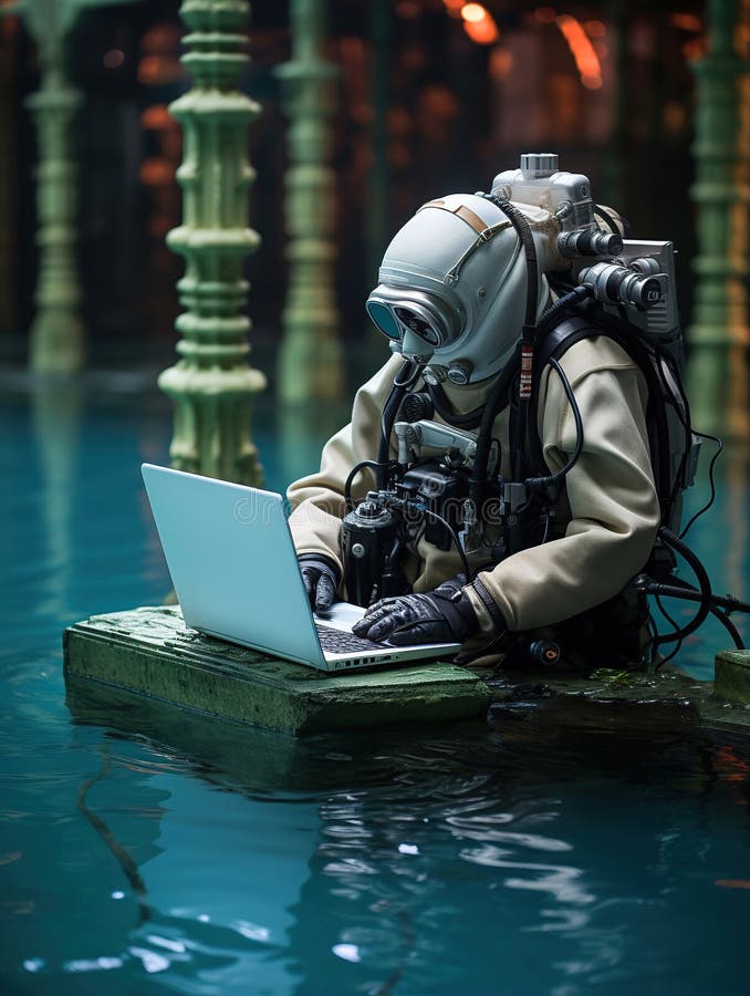 Digital Depths: Man in Divesuit Working on Laptop Underwater Stock ...