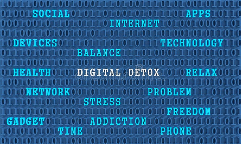 Digital Detox Concept. Words Cloud Inside Machine Code. 3D Render Stock ...