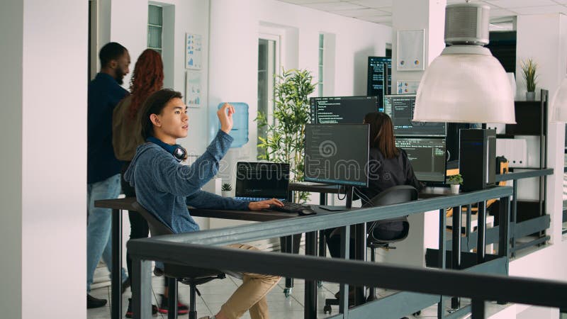 Digital Developer Analyzing Ar Hologram To Work On Html Script Stock