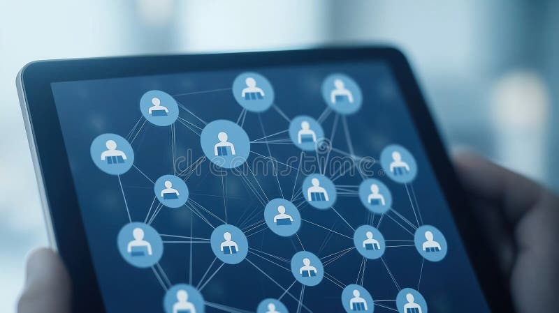 Digital Device Screen Shows Network of Contact Icons. Communication Via ...