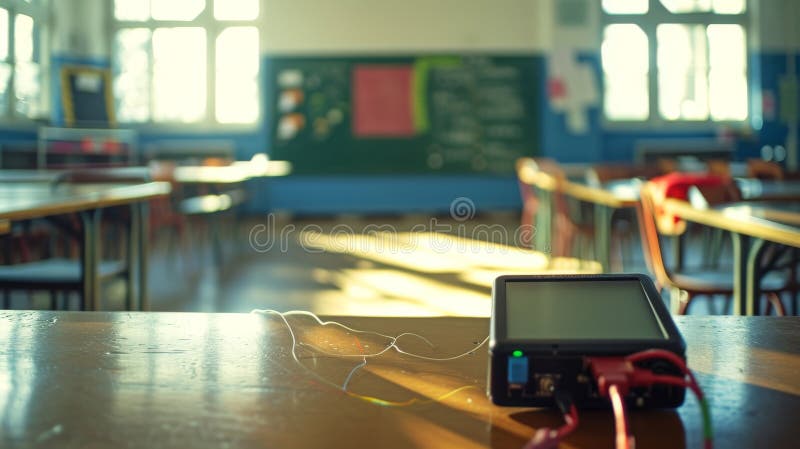 Digital Device with Wires in a Classroom at Sunset Stock Image - Image ...